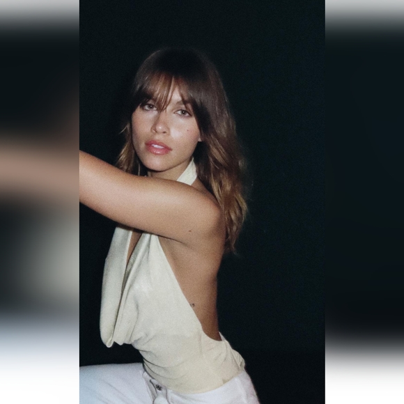 Zara | Tops | Zara Draped Neckline Metallic Thread Bodysuit | Poshmark